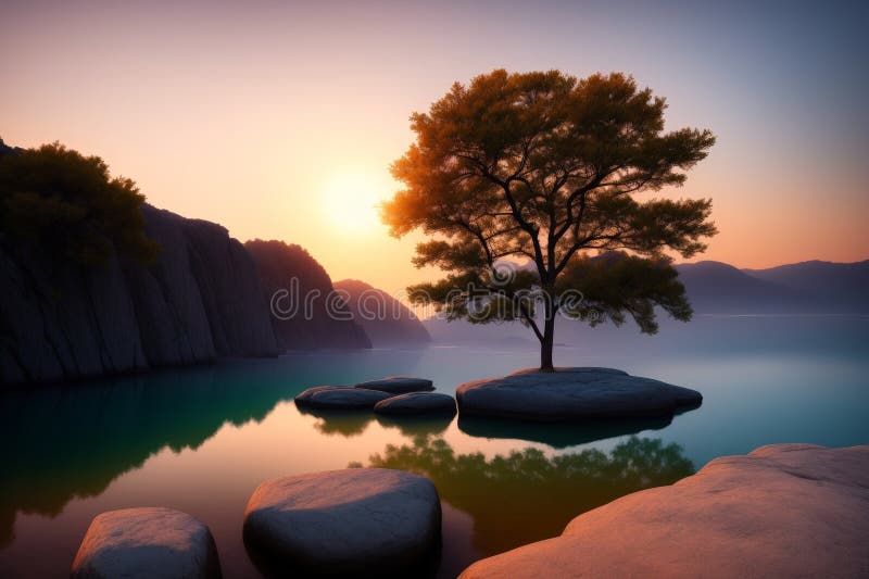 Tree is Growing on Rock in the Water Stock Illustration - Illustration ...
