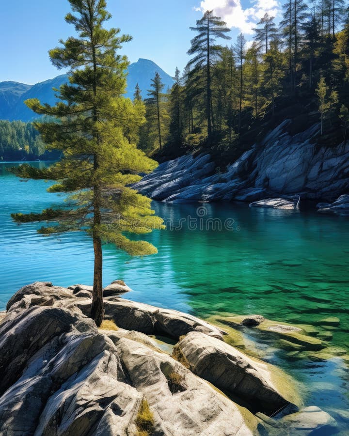 A Tree Growing on Rocks by Water Stock Illustration - Illustration of ...