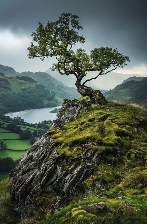 A Tree is Growing on a Rocky Hillside. the Tree is Surrounded by Grass ...