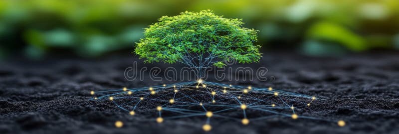 Tree Growing from Soil with Glowing Network, Concept of Sustainable ...