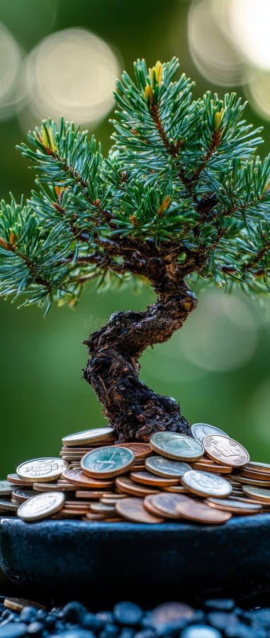 A Tree is Growing in Soil Located Behind Piles of Gold and Silver Coins ...
