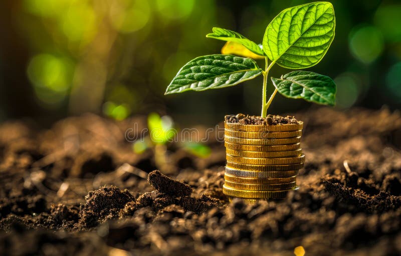Tree Growing on Stack of Coins. a Stack of Coins Growing from the ...
