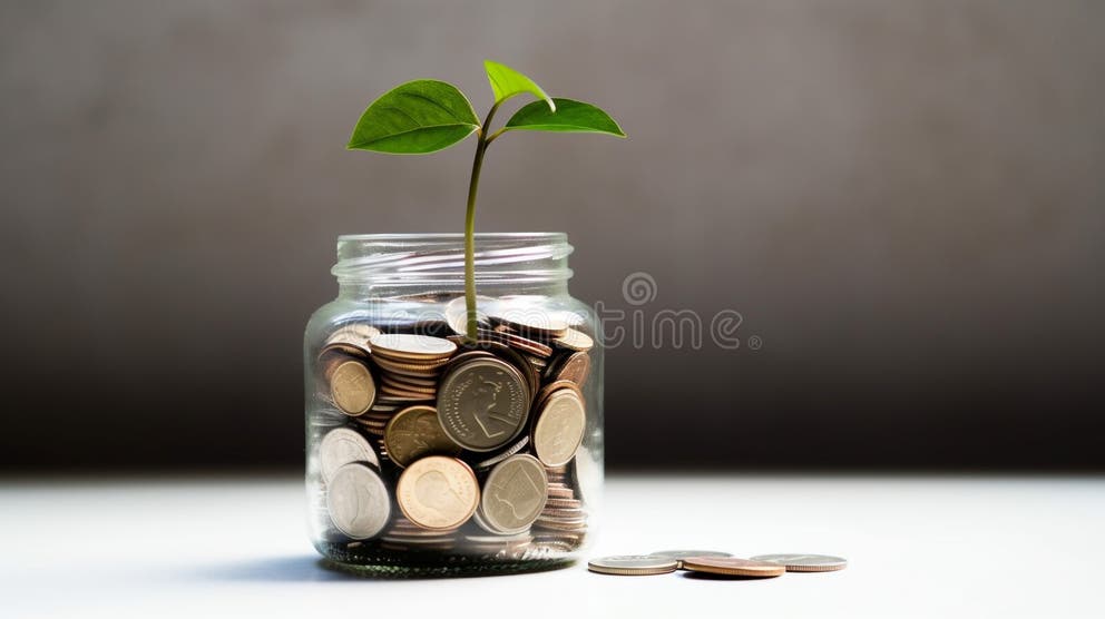 A Tree Growing on a Stack of Coins in Jar Stock Image - Image of ideas ...