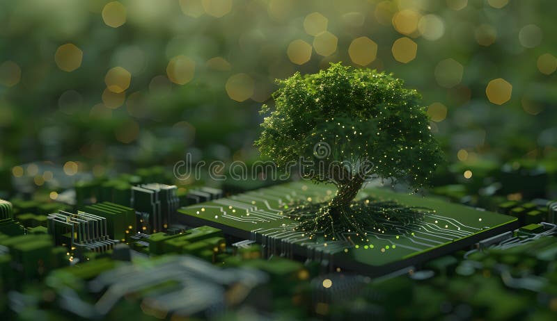 Tree Growing on Circuit Board with Bokeh Lights in 3D Rendering - AI ...