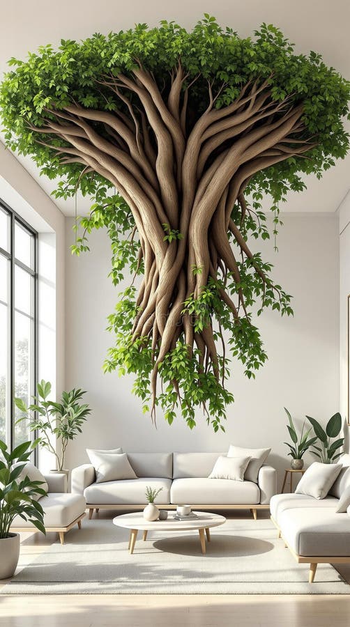 Tree Growing Upside Down from Ceiling of Living Room Stock Photo ...