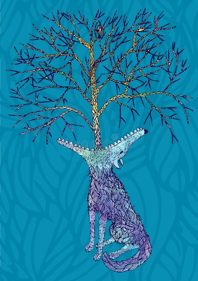 Tree Growing from Wolf Fantasy Illustration Stock Vector - Illustration ...