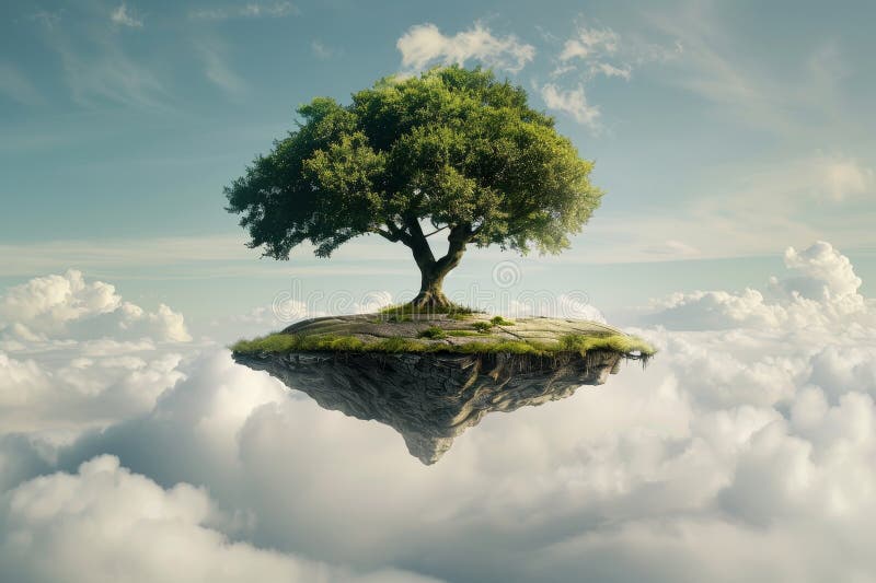 A Tree Grows Atop an Island Surrounded by Clouds in a Unique Landscape ...