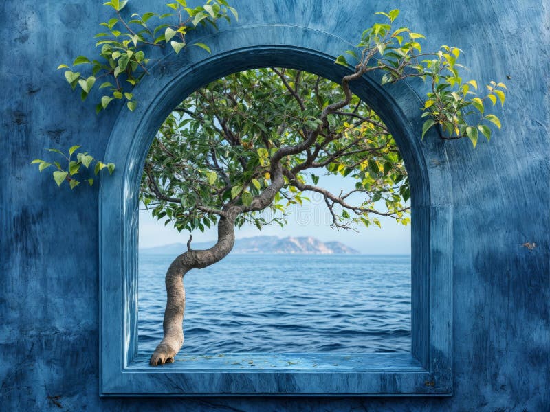 A Tree Grows through a Blue Arched Window Frame, Set Against a Backdrop ...
