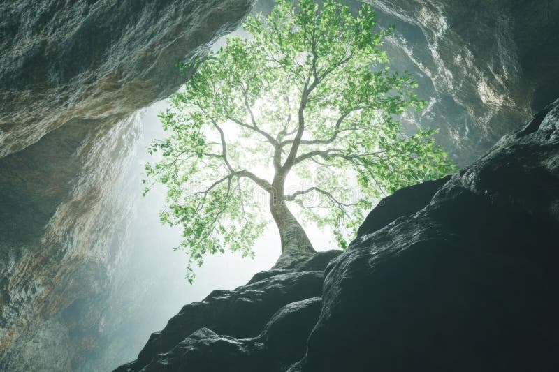 Tree Grows in Cave Reaching for Light, Resilience and New Life Concept ...