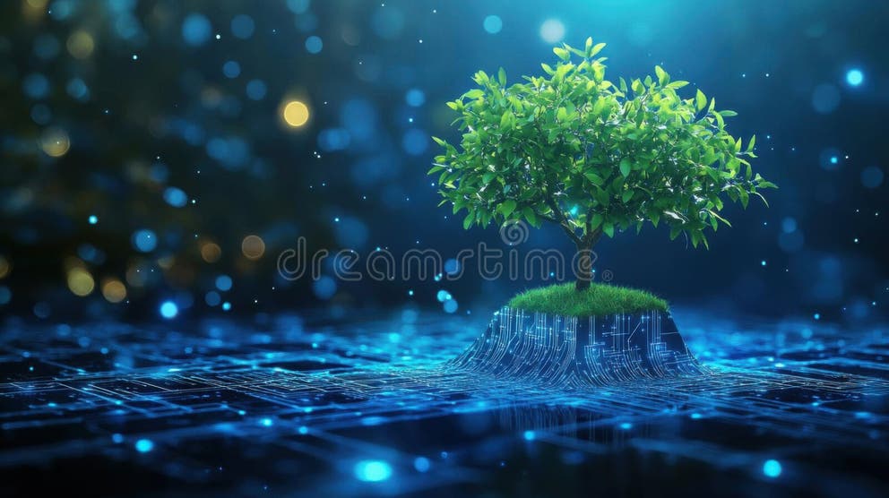 Tree Grows on Circuit Board with Digital Roots, Symbolizing Technology ...
