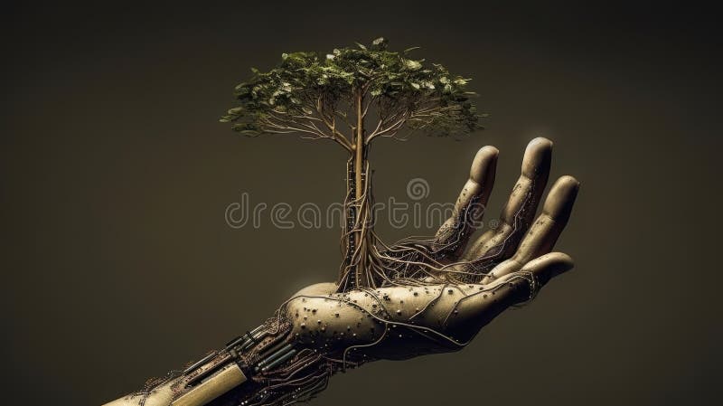 A Tree Grows from the Cyber Hand. Generative AI Stock Illustration ...