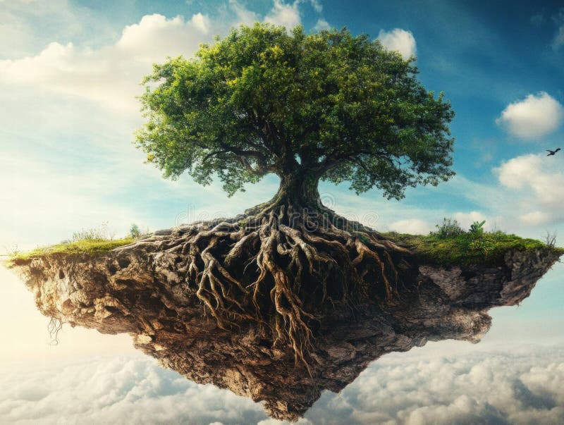 Tree Grows on Floating Island with Exposed Roots in the Sky, Surreal ...