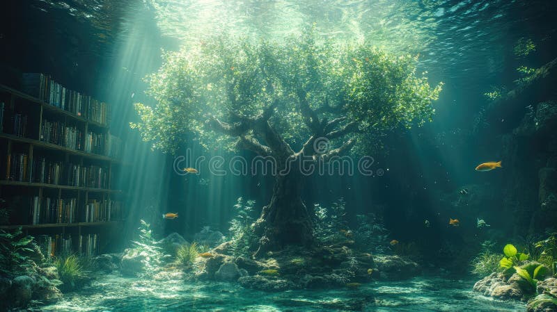 Tree Growing from Floor of Underwater Library Bathed in Sunlight ...