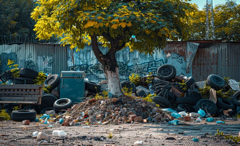 Tree Grows in the Middle of Pile of Garbage and Old Tires Stock Image ...