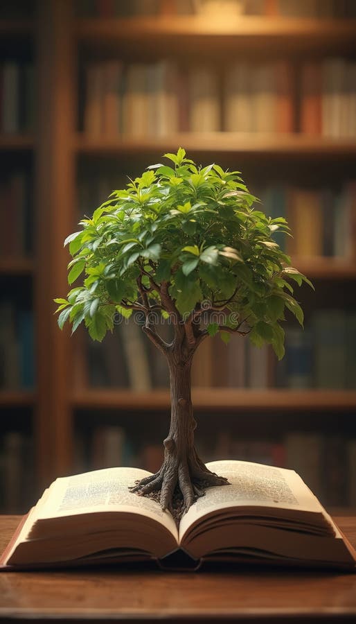 Tree Grows from Open Book in Library. Tree Symbolizes Knowledge ...
