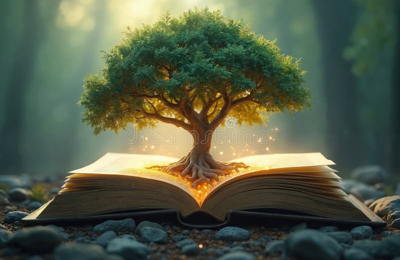 Tree Grows from Open Book, Roots Intertwine with Pages. Green Leaves ...
