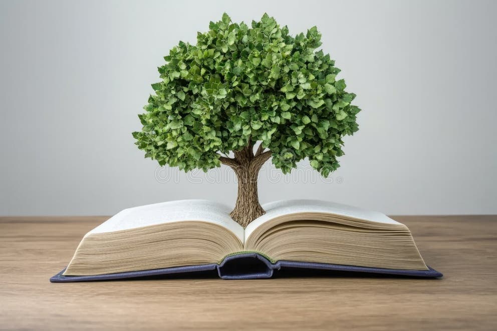 A Tree Grows Out of the Pages of an Open Book, Suggesting Growth and ...