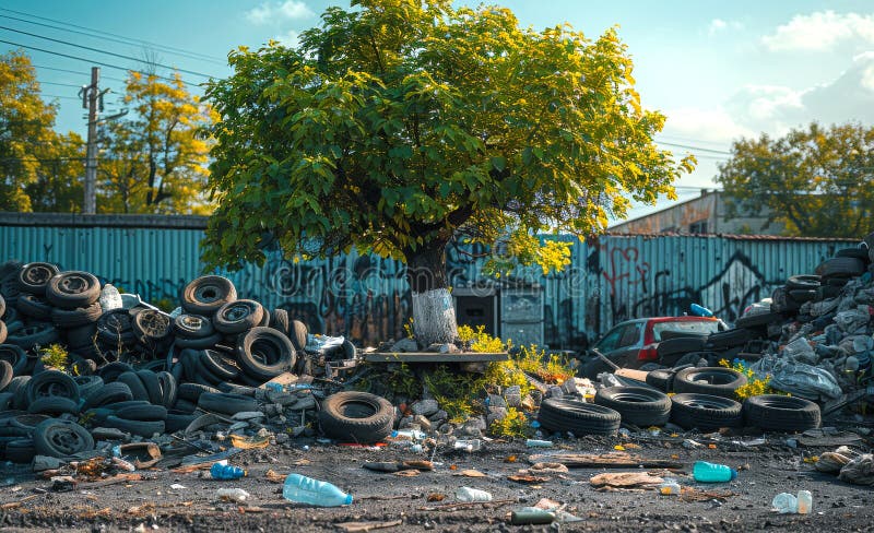 Tree Grows on Pile of Old Tires in the City. a Tree Growing on Top of ...