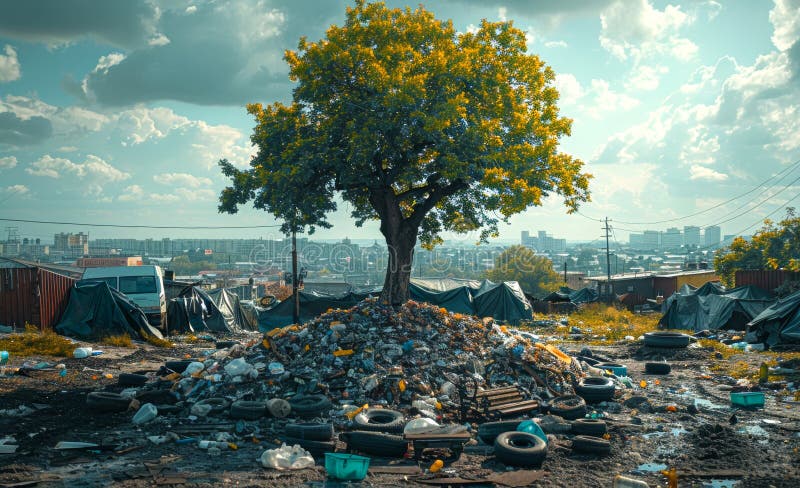 Tree Grows on Pile of Trash in Poor Neighborhood. a Tree Growing on Top ...