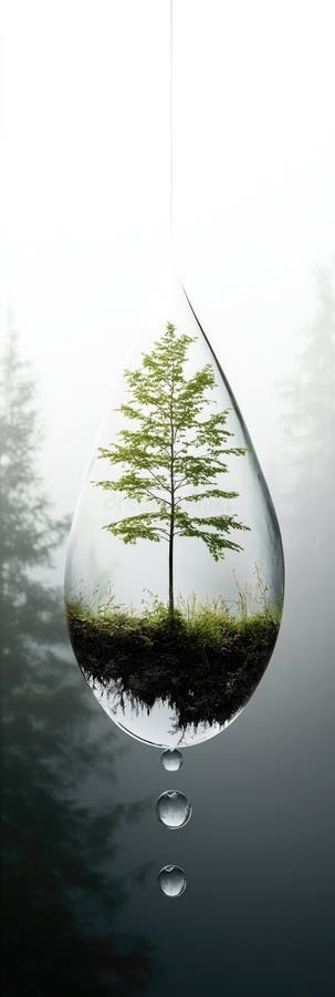 A Tree Grows from Soil within a Water Droplet, Suspended in a Misty ...