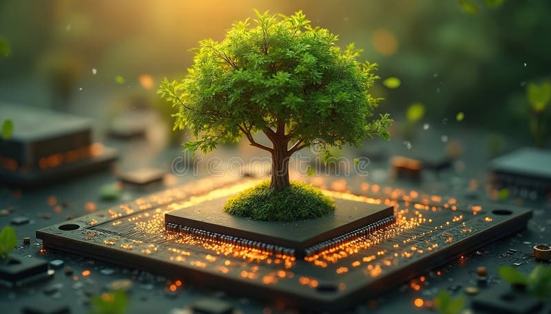 Tree Grows on Top of Computer Chip. Concept of Tech, Nature Fusion ...