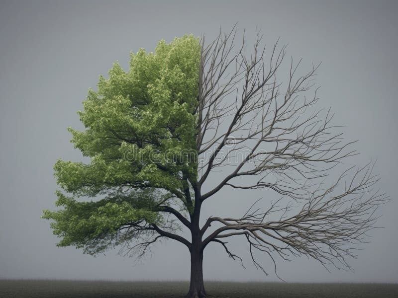 Tree Half in Lush Leaves Half Bare Reflecting Climate Change Effects ...
