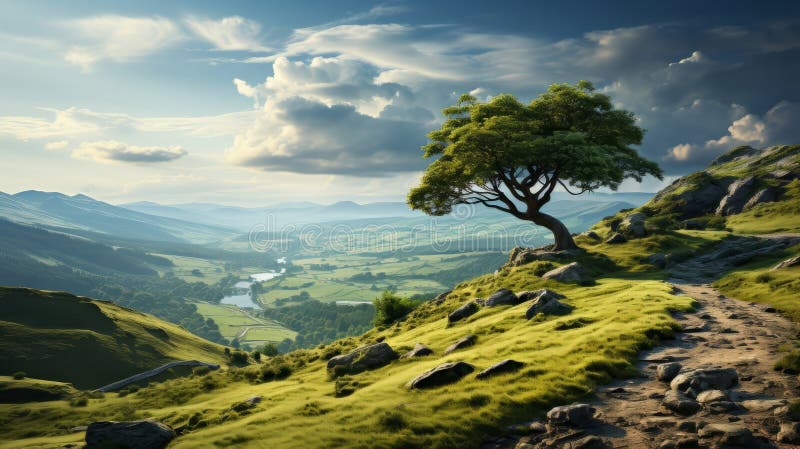 A Tree on a Hill. a Tree on a Cliff. Generative AI. Stock Illustration ...
