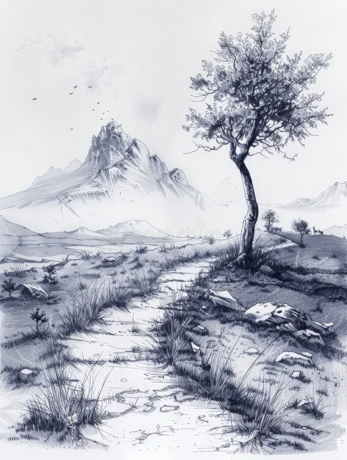 Tree on a hill drawing stock illustration. Illustration of tree - 320562540