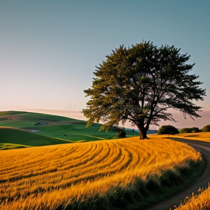 Tree on a Hill Overlooking a Freshly Harvested Wheatfield Stock Photo ...