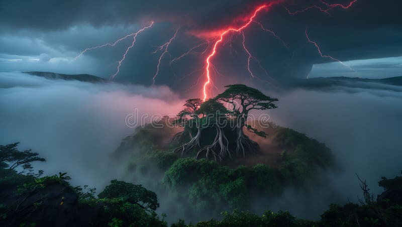 Dramatic Lightning Strike on Mystical Island with Ancient Trees Stock ...