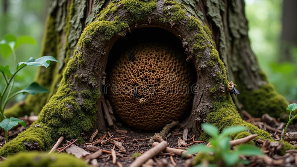 Tree Hollow with Honeycomb Structure and Insects Stock Illustration ...