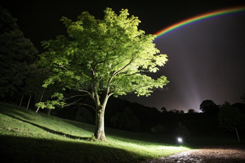 Tree of Hope Illuminated by Light and Rainbow in Darkness Stock ...