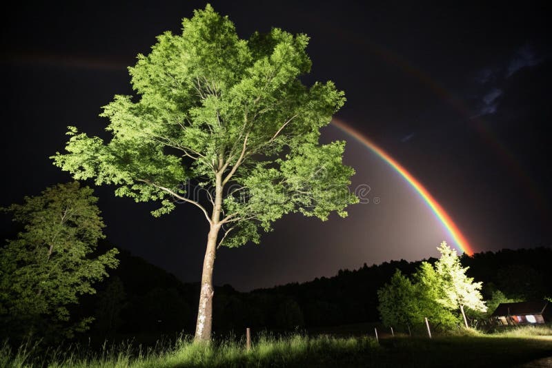 Tree of Hope Illuminated by Light and Rainbow in Darkness Stock ...