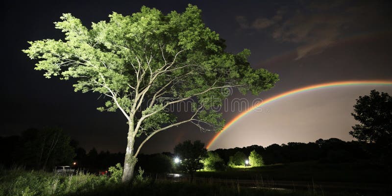 Tree of Hope Illuminated by Light and Rainbow in Darkness Stock ...