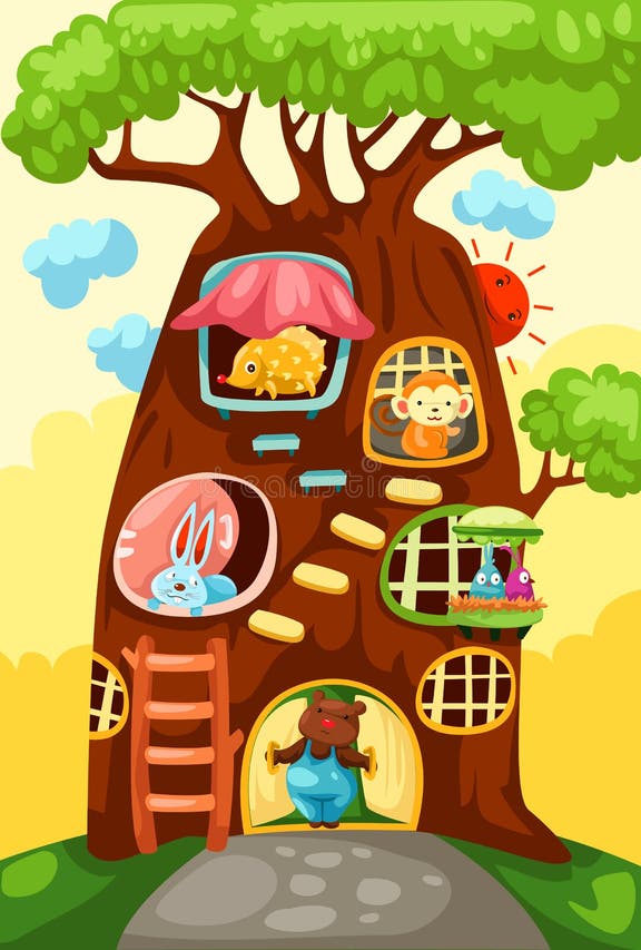 Tree house of animals stock vector. Illustration of bird - 19927884