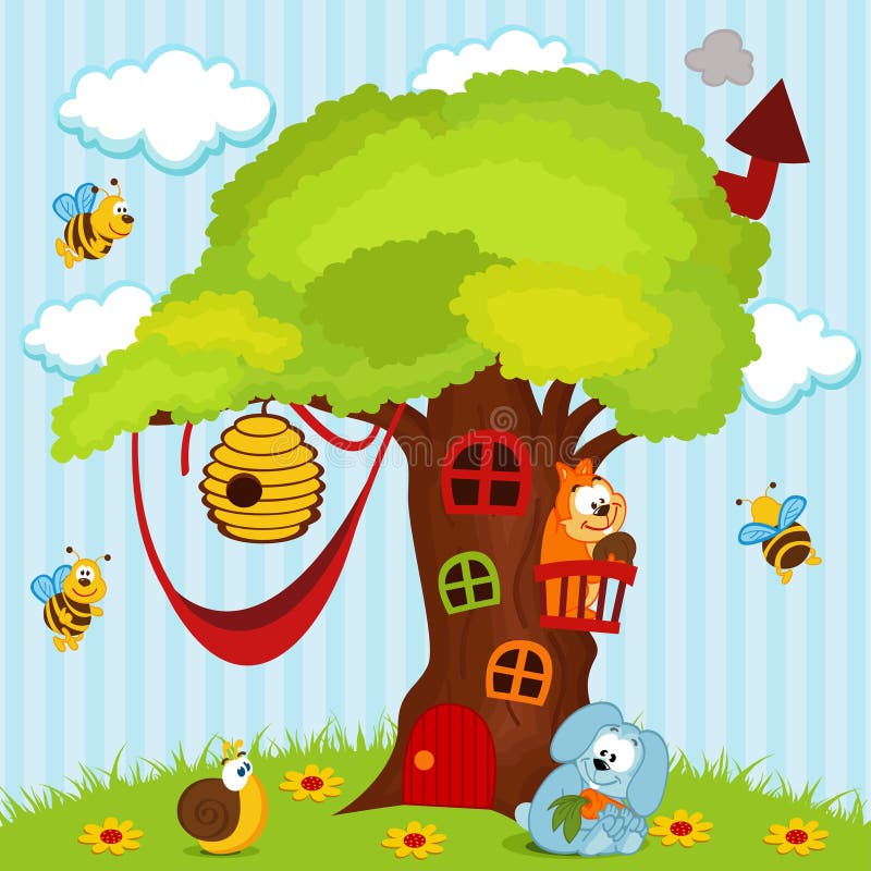 Tree house with animals stock vector. Illustration of summer - 34258264
