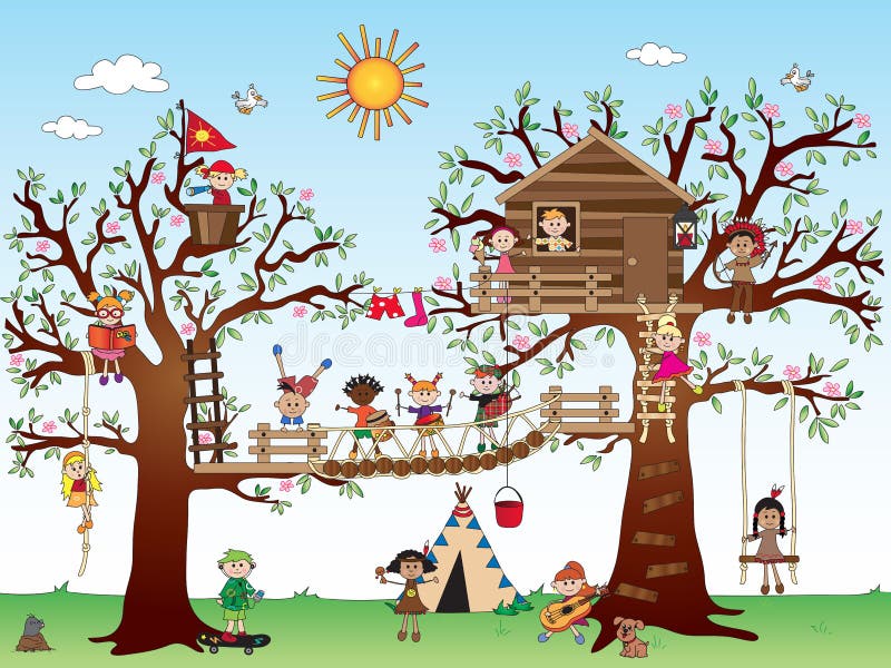 Tree house with children stock illustration. Illustration of plant ...