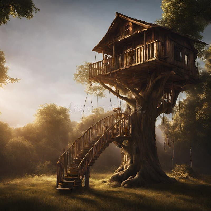 A Tree House, Cinematic Lighting - 1 Stock Illustration - Illustration ...