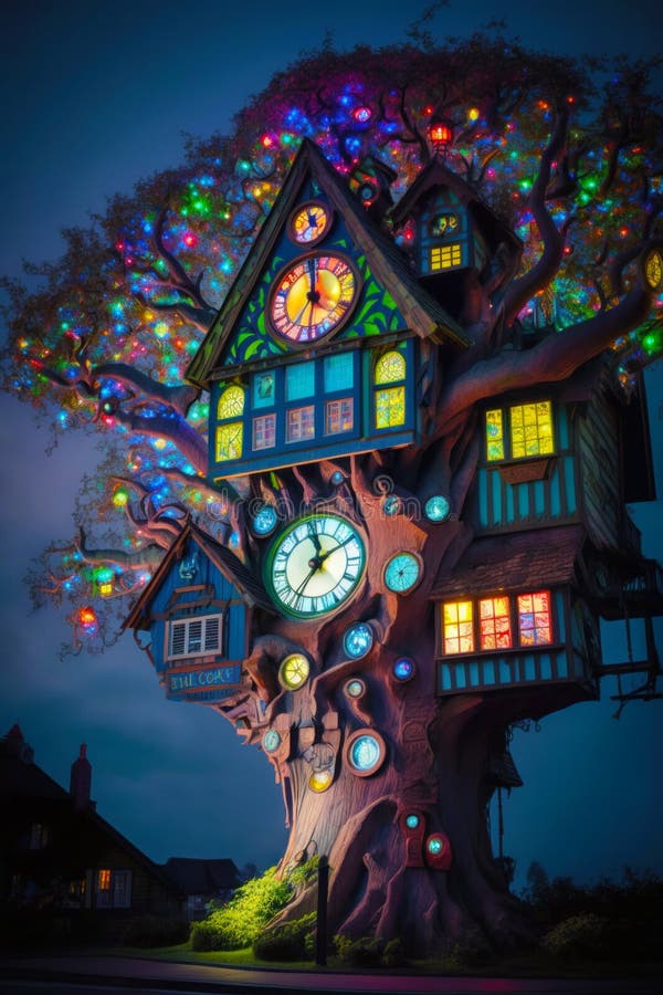 Tree House with Clock Built into the Side of it with Lights on it ...