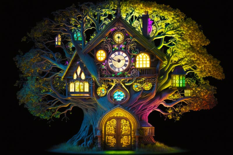 Tree House with Clock in the Middle of it S Trunk and Windows Lit Up at ...