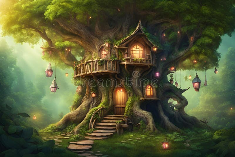 Fantasy Tree House in Deep Forest. Stock Illustration - Illustration of ...