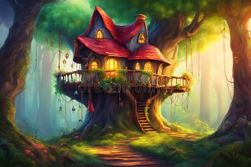 Fantasy Tree House in Deep Forest. Stock Illustration - Illustration of ...