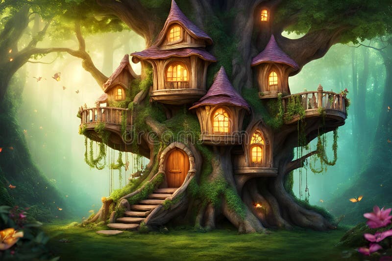 Fantasy Tree House in Deep Forest. Stock Illustration - Illustration of ...