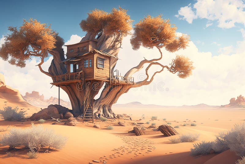 Tree House in the Desert, Generative Ai Stock Illustration ...