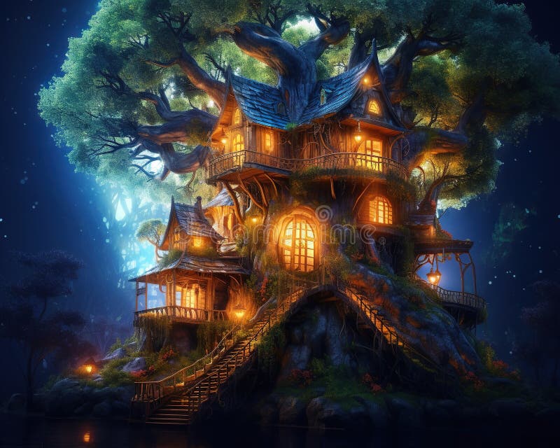 Tree House in a Forest with Glowing Windows. Stock Illustration ...