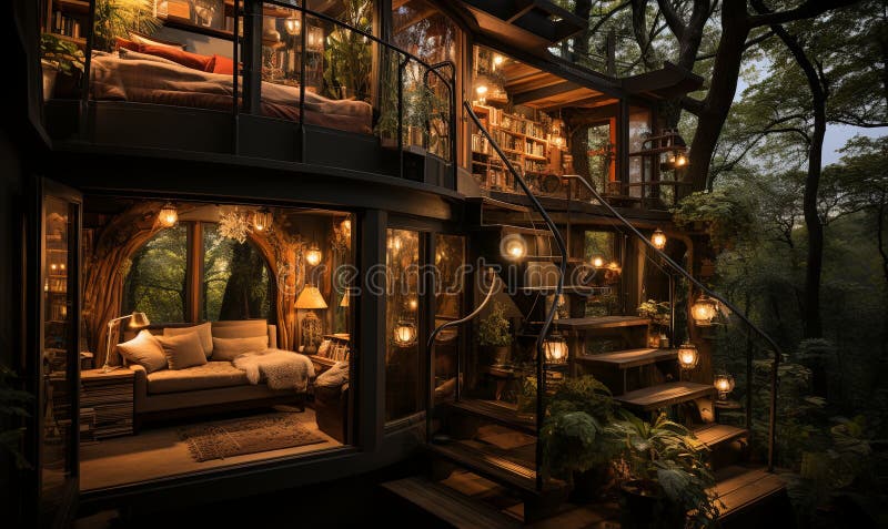 Tree House Illuminated at Night Stock Image - Image of creative, wooden ...