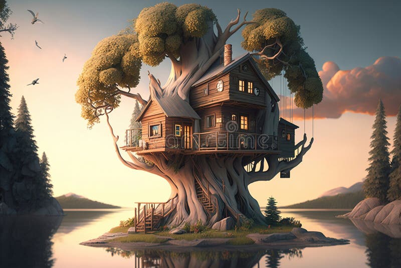 Tree House on an Island, Illustration Ai Stock Illustration ...