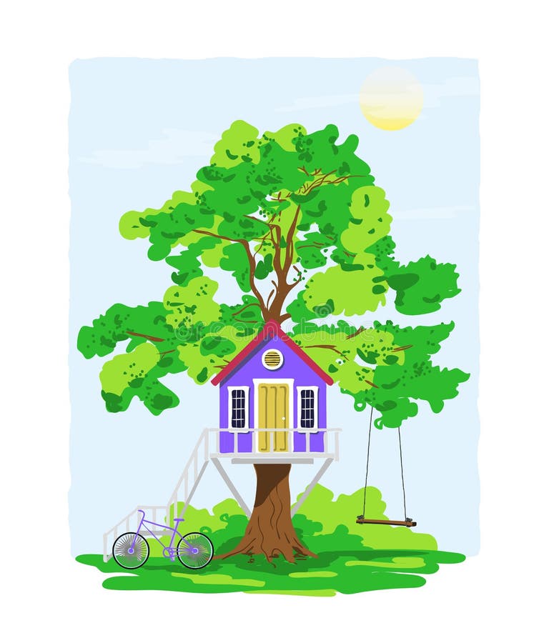 Tree House. House on Tree for Kids. Vector Illustration in Cartoon ...