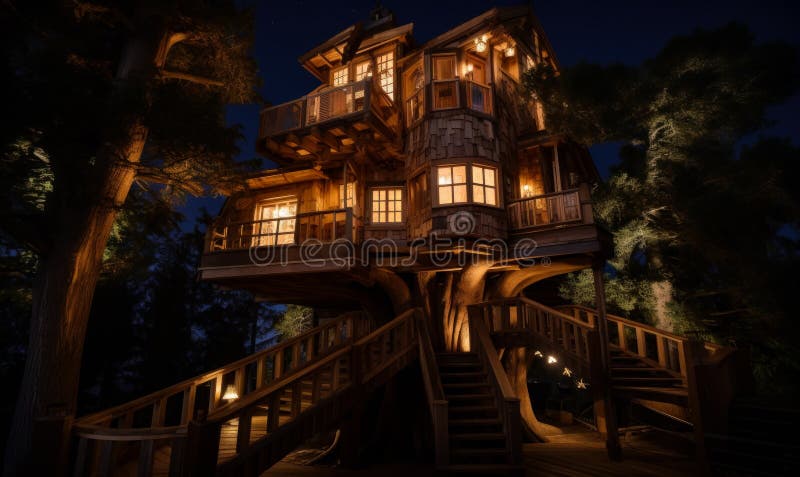 Tree House with Lights. Treehouse Lit Up at Night Stock Image - Image ...