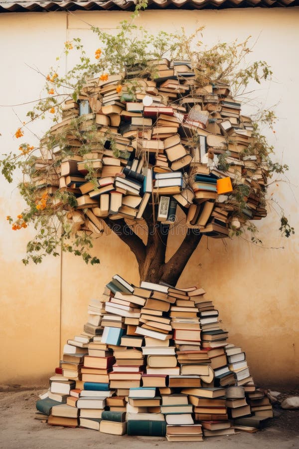 A Tree with a House Made of Books Stock Illustration - Illustration of ...